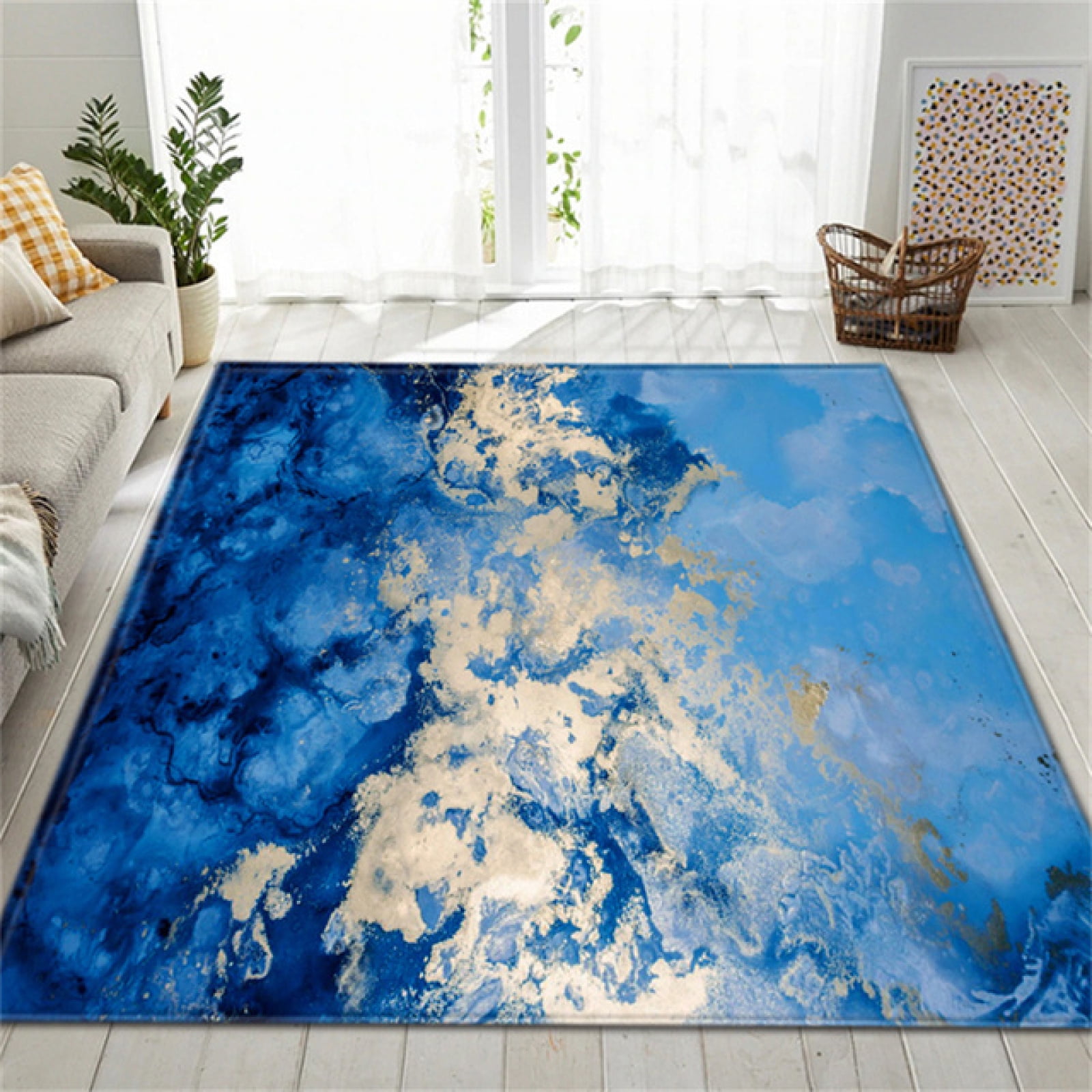 Marble Area Rug For Bedroom Living Room Blue And Gold Modern Marble ...