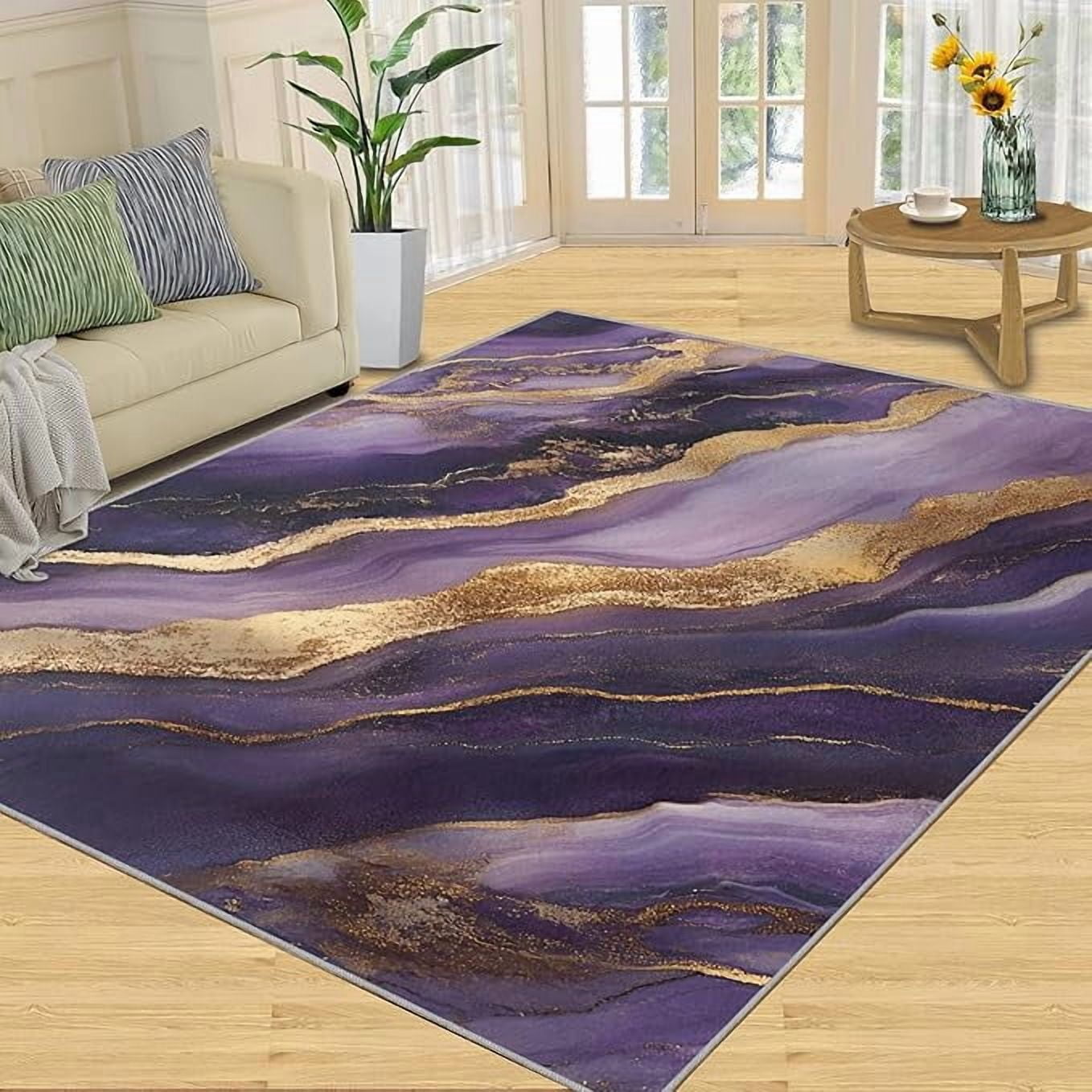Marble Area Rugs for Living Room - Purple Marble Rug, Machine Washable ...