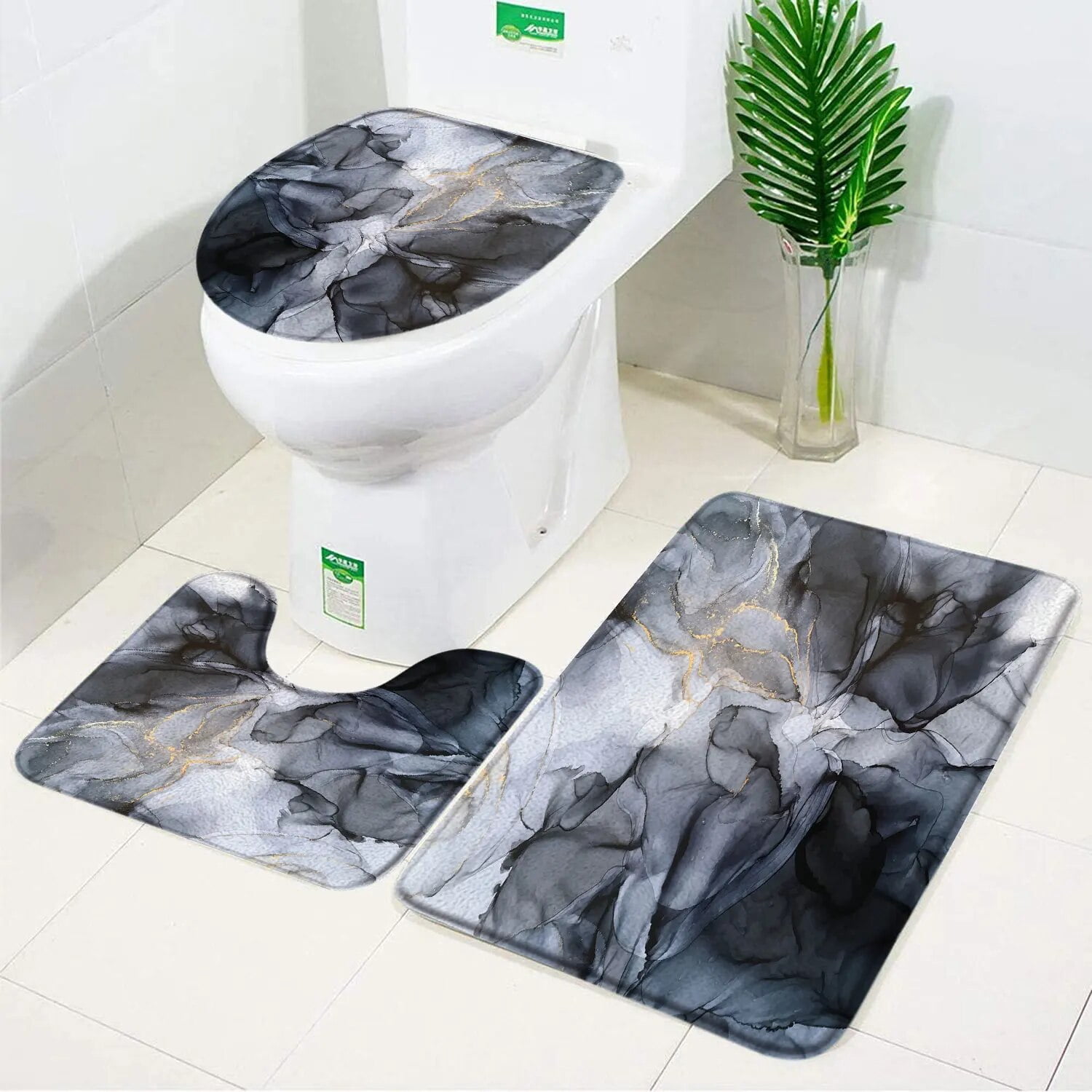 Marble Bathroom Rug Set Luxury Grey Gold Textured Purple Flannel Non ...