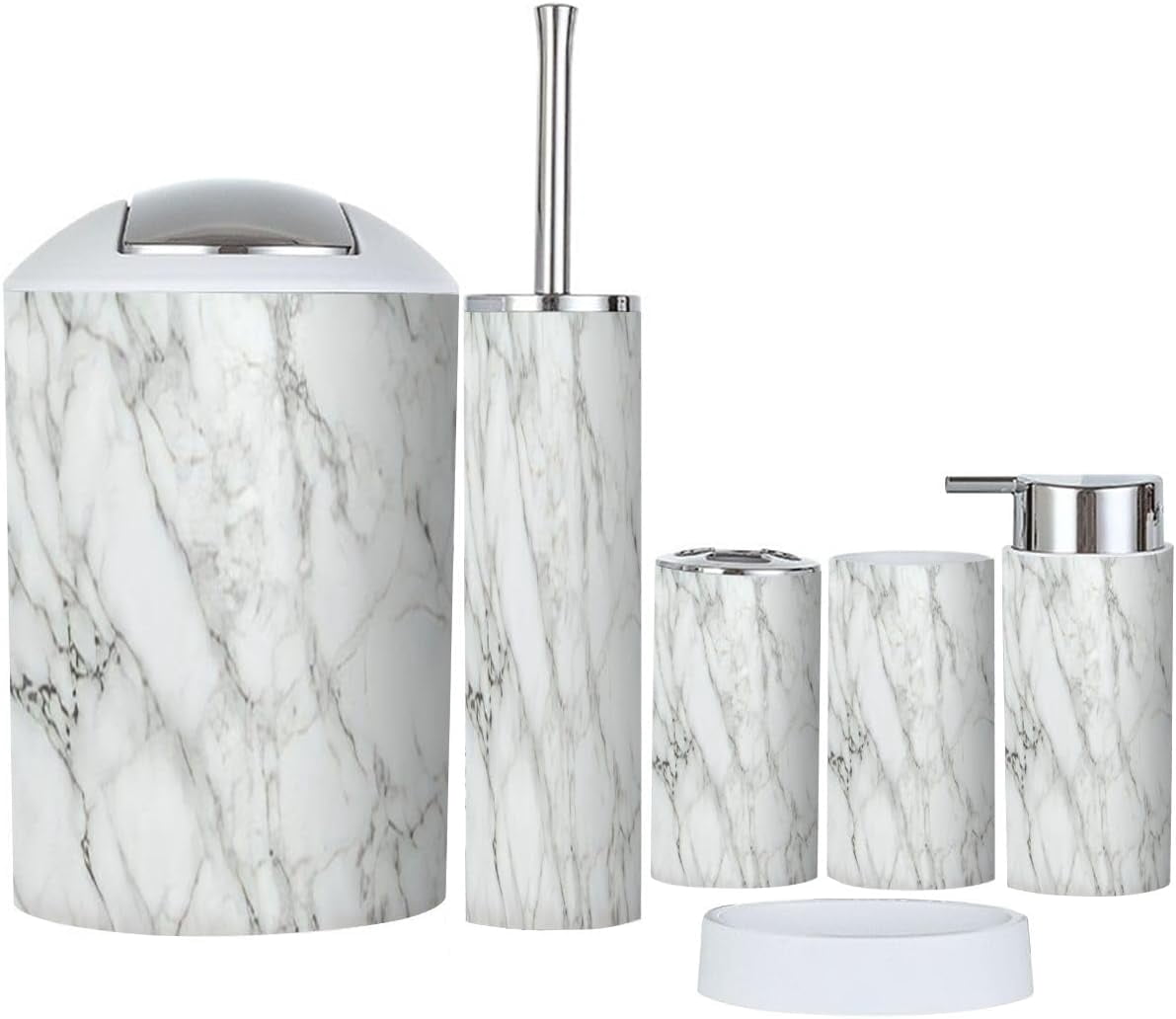 Marble Bathroom Set 6Pcs, Natural White Stone Design with Toothbrush ...