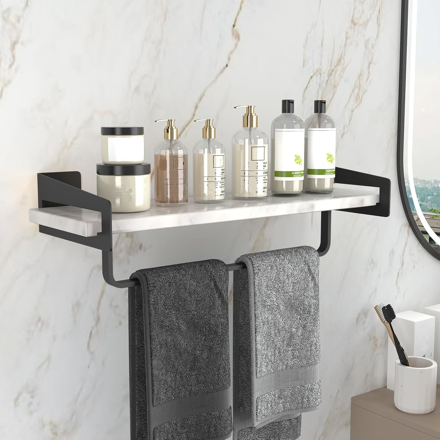 Marble Bathroom Shelf with Towel Bar, 16" Metal Modern Floating Shelf Wall Mount for Bathroom ...