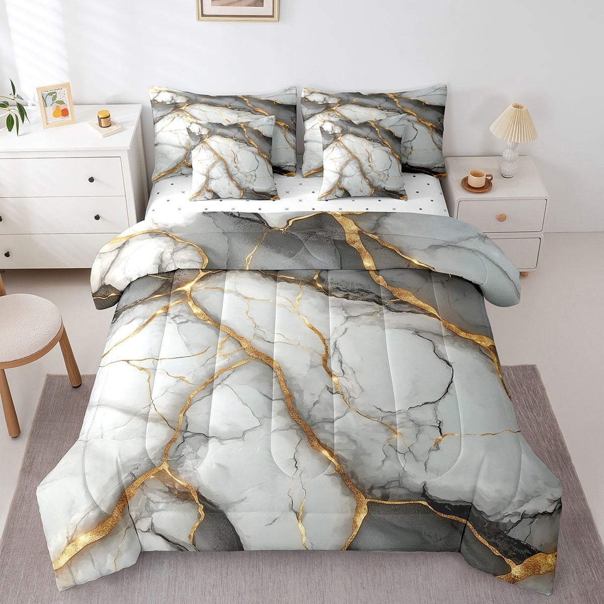 Marble Bedding Set 7 Pieces Golden Metallic Twin Comforter Set,Stone ...