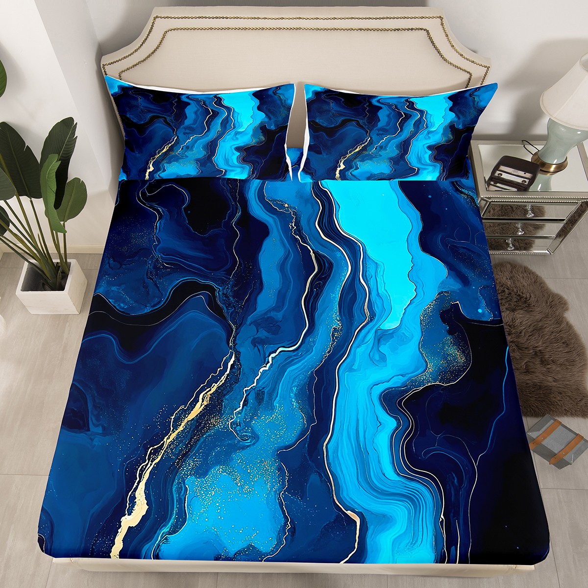 Marble Bedding Set Blue Stone Pattern Fitted Sheet Twin Watercolour ...