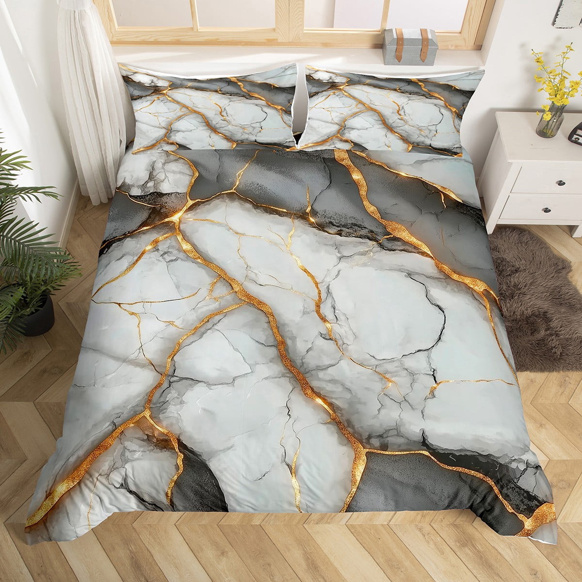 Marble Bedding Set Golden Metallic Full Comforter Cover,Stone Pattern ...