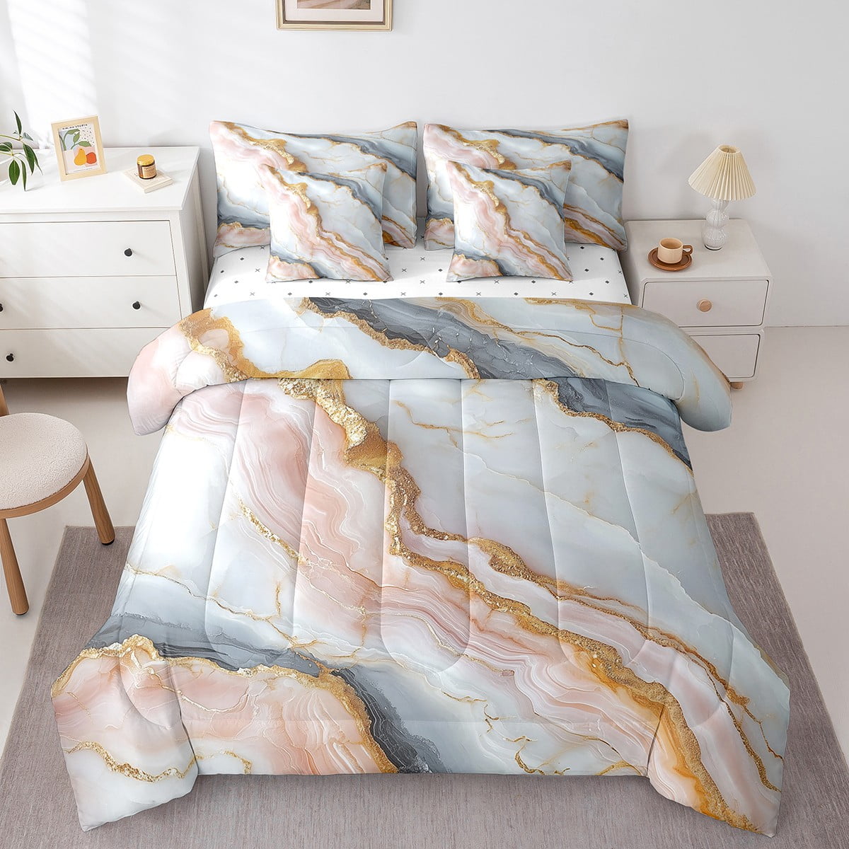 Marble Bedding Set Golden Metallic Printed Twin 7 Pieces Comforter Sets ...