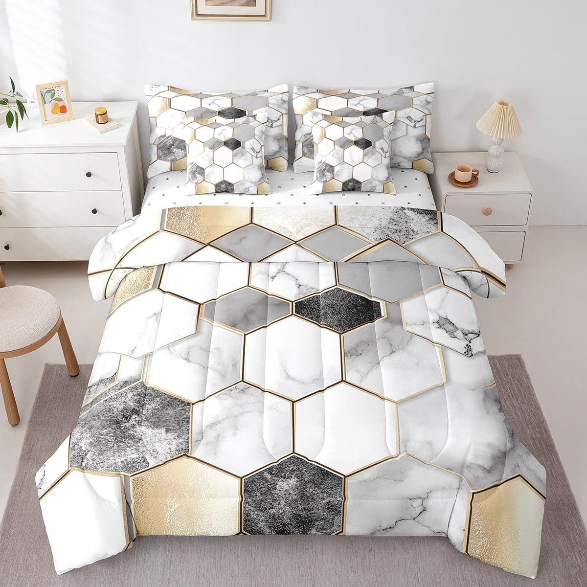 Marble Bedding Set Queen Size Teens Golden Metallic Comforter 7 Pieces ...