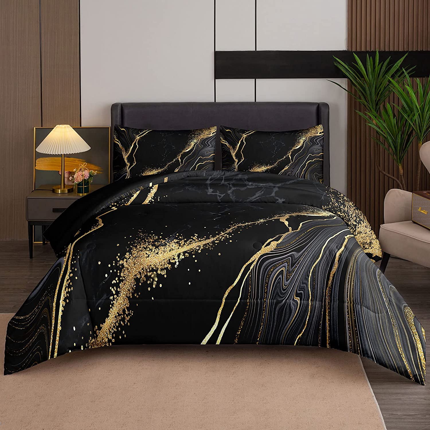 Marble Bedding Set Soft Microfiber Black and Gold Comforter Set Queen ...