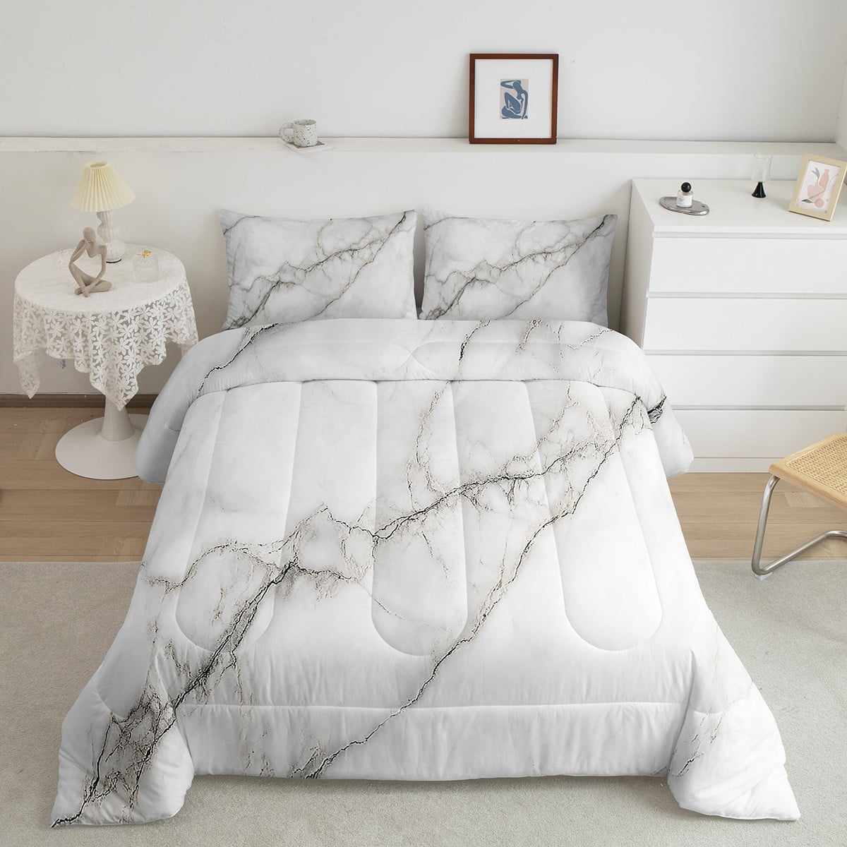 Marble Bedding Set Stone Pattern Comforter Set White Grey Marble Print ...