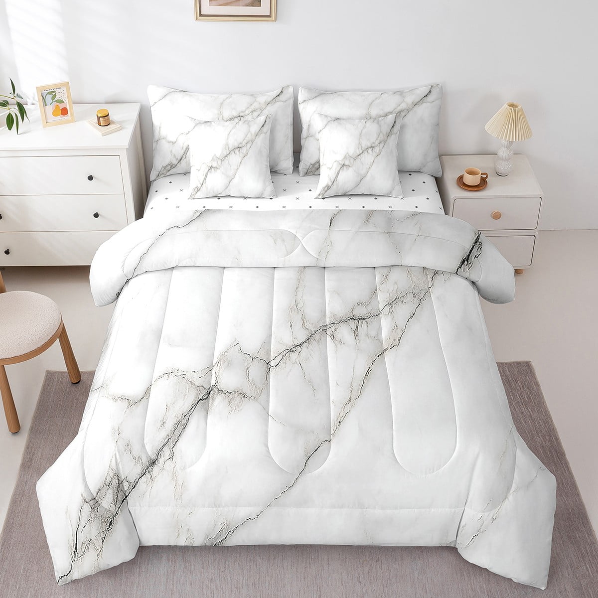 Marble Bedding Set Stone Pattern Sheet Set White Grey Marble Print ...