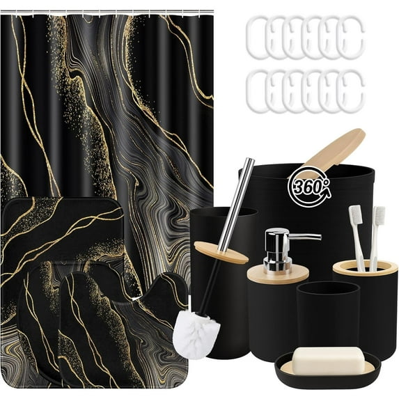Marble Black Bathroom Decor and Accessories Set, Shower Curtain and Rug ...