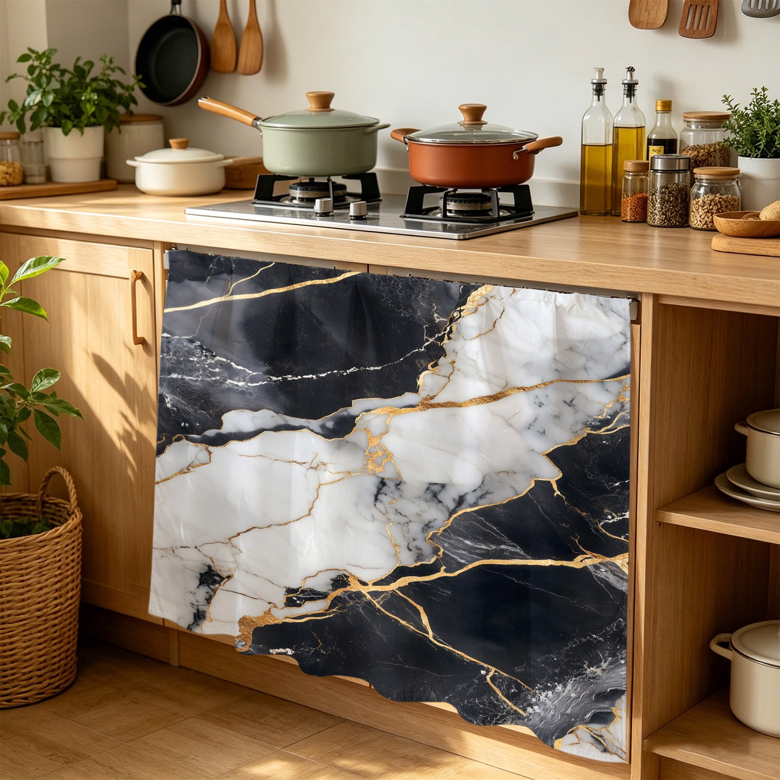 Marble Black Cabinet Curtains 35''x35'', Abstract Gold White Brick ...