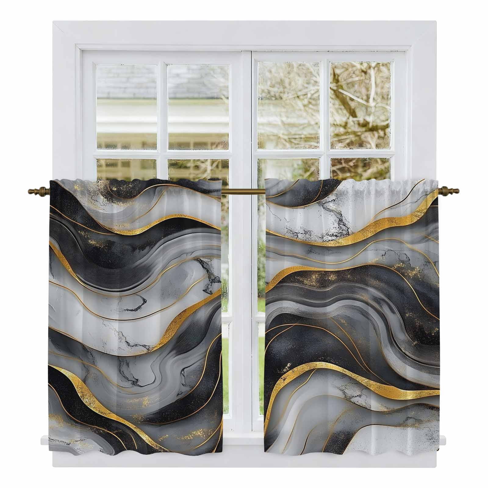 Marble Black Grey Kitchen Curtains, Modern Fake Stone Gold Foil Wavy ...