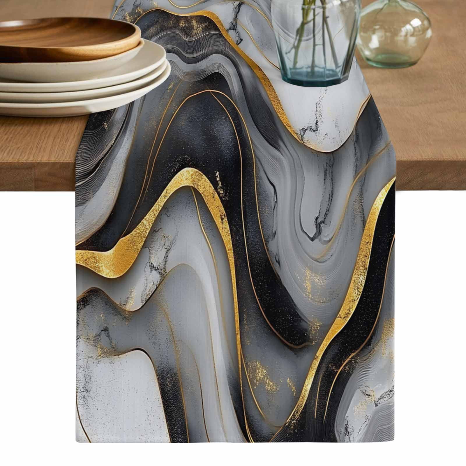 Marble Black Grey Table Runner, Modern Fake Stone Gold Foil Wavy ...