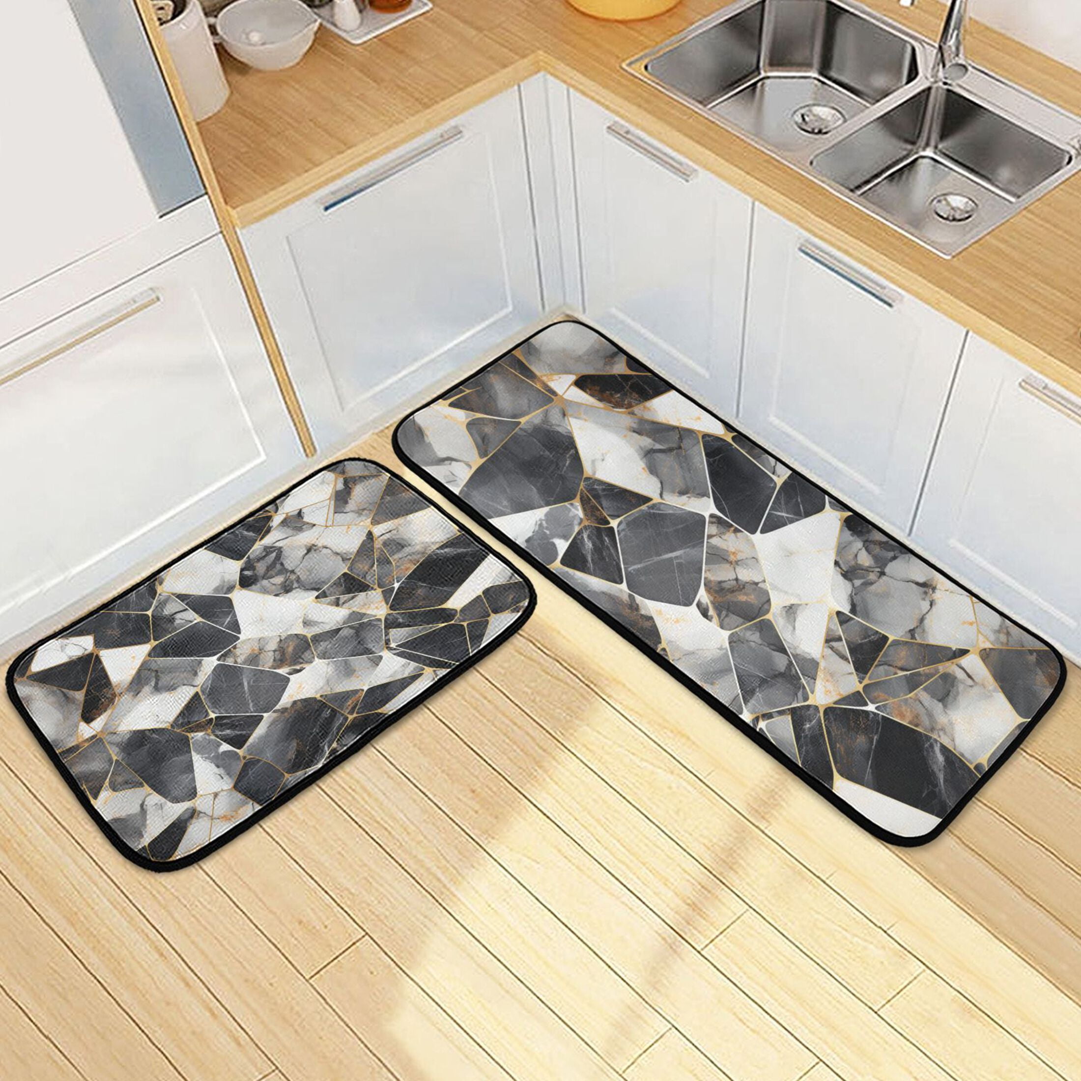Marble Black Kitchen Rugs Set of 2 Non Slip Floor Foam Mat Cushioned ...