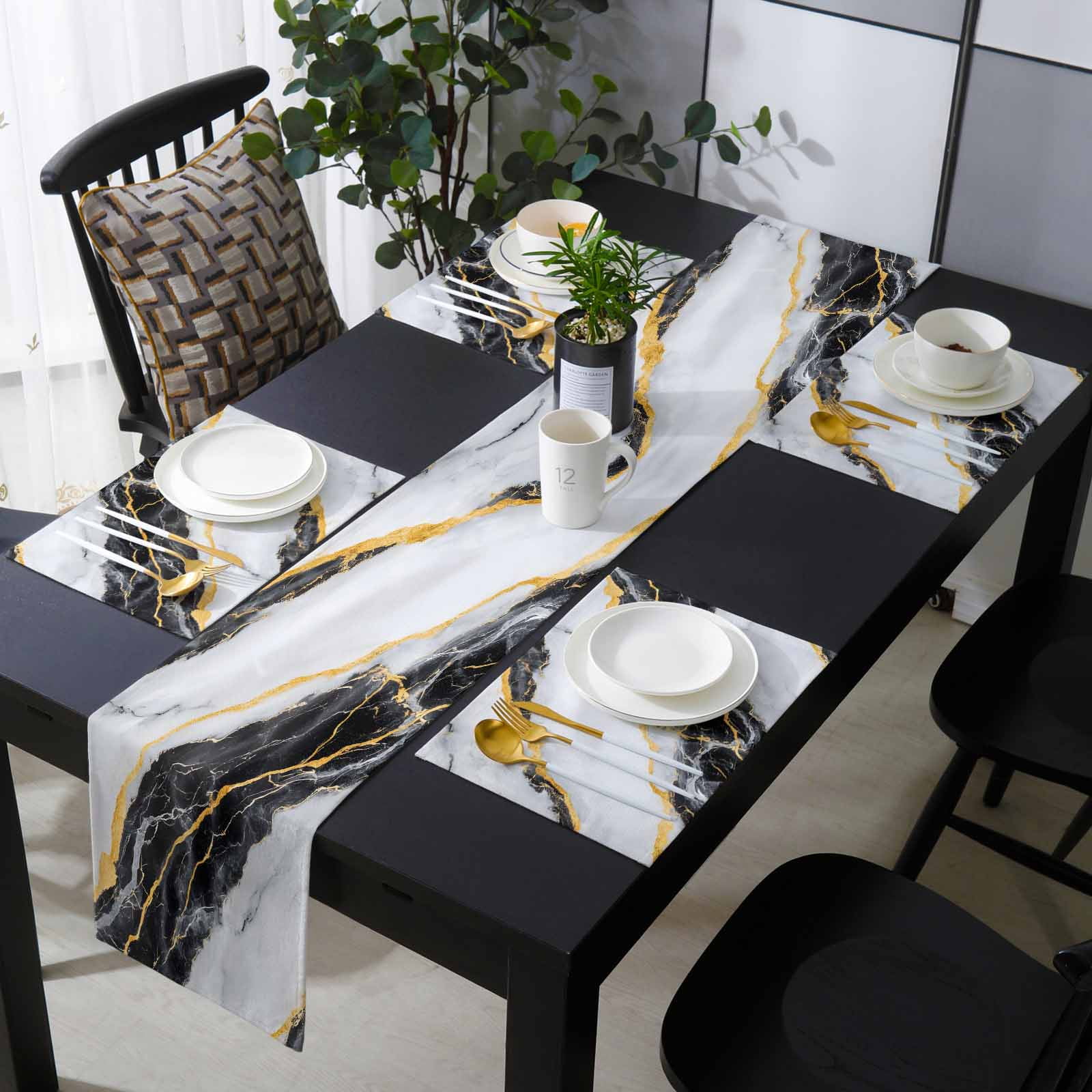 Marble Black Placemats Set of 6 with 72 Inches Long Table Runners,Gold ...
