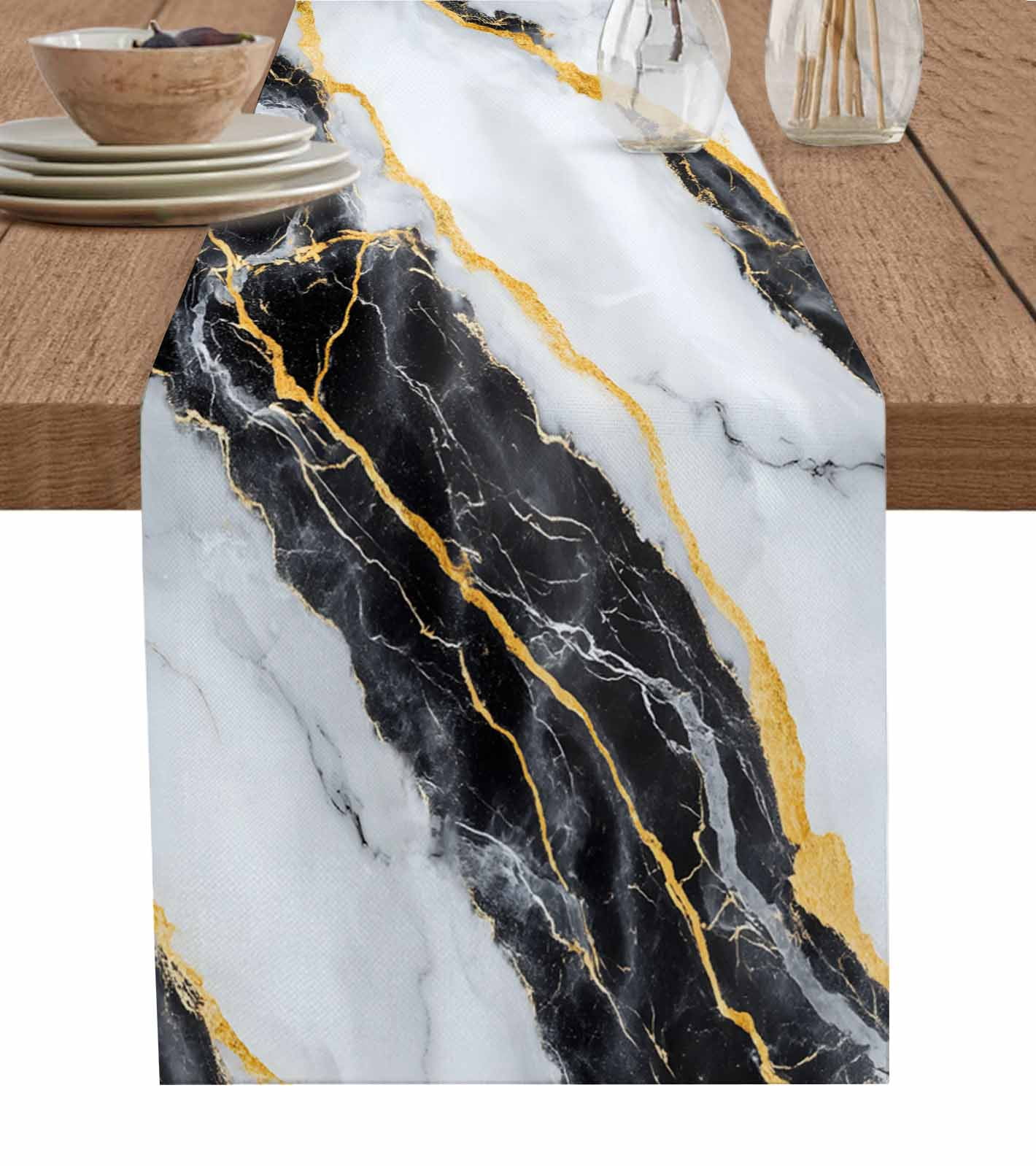 Marble Black Table Runner 72 Inches, Gold Foil Ceramic Style Cracks ...