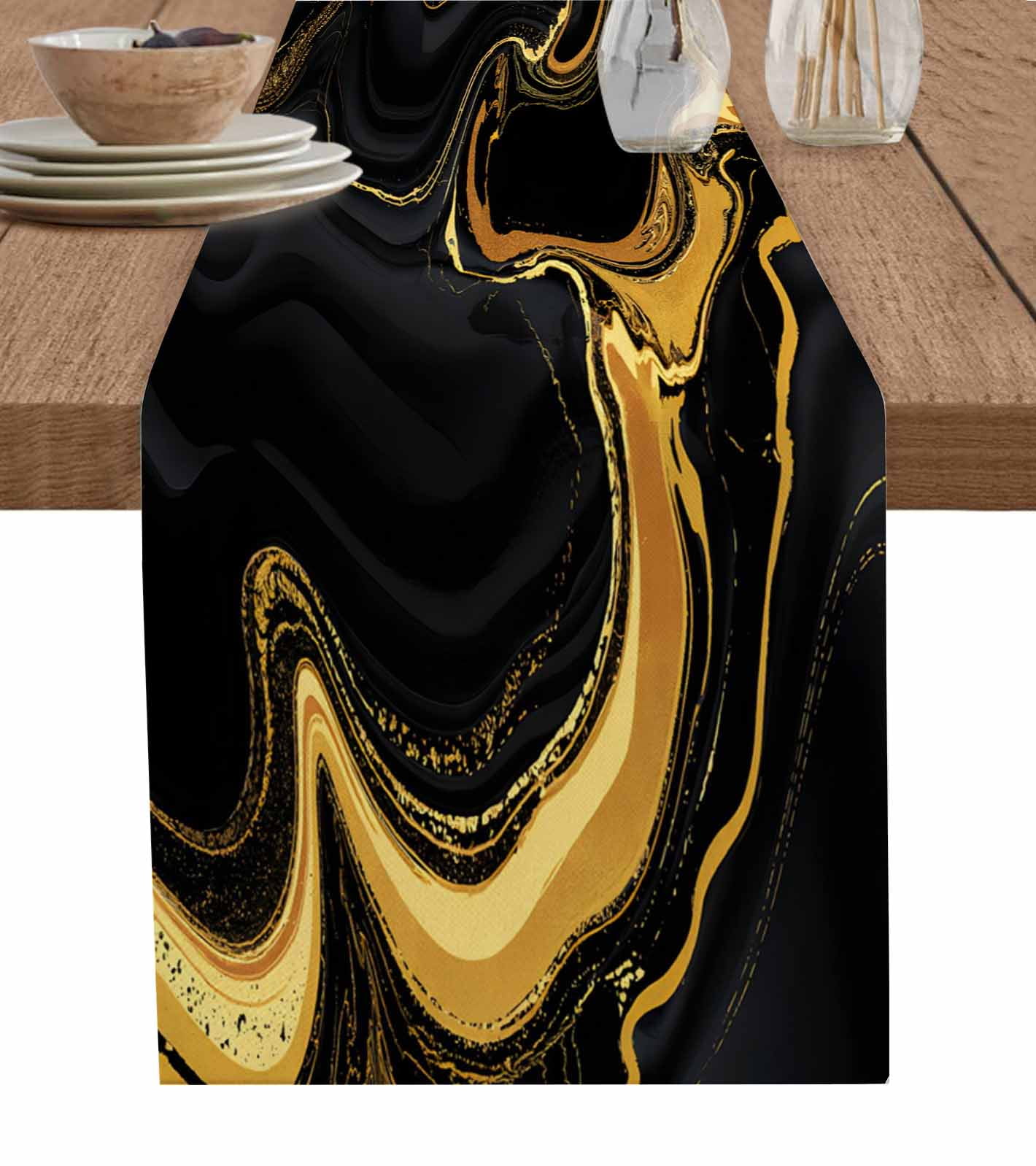 Marble Black Table Runner 72 Inches, Vintage Gold Art Abstract ...