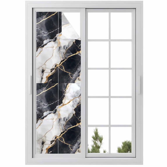 Marble Black Window Privacy Film, Abstract Gold White Brick Stone Motif ...