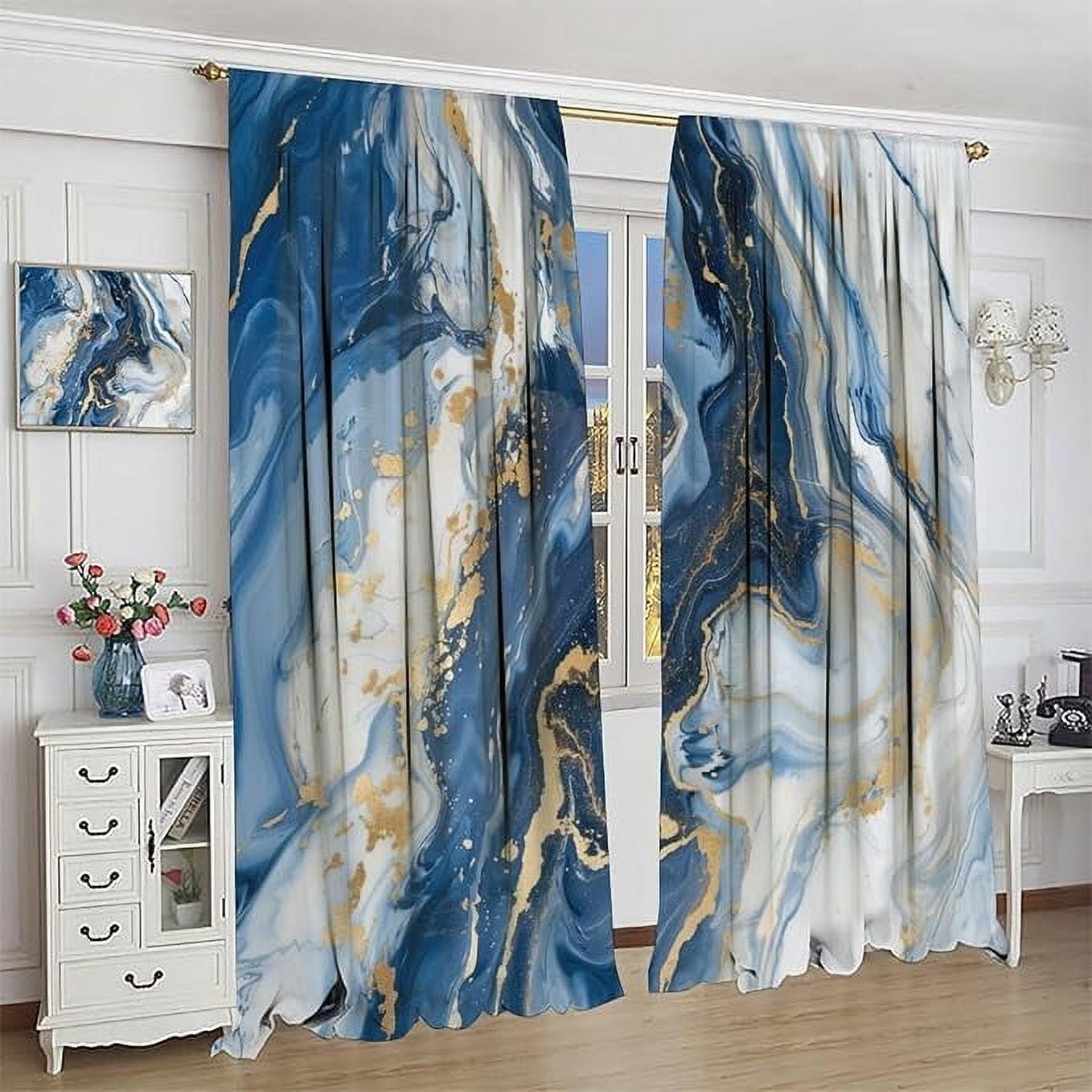 Marble Blackout Curtain For Bedroom, Modern Luxury Foil Texture Blue ...