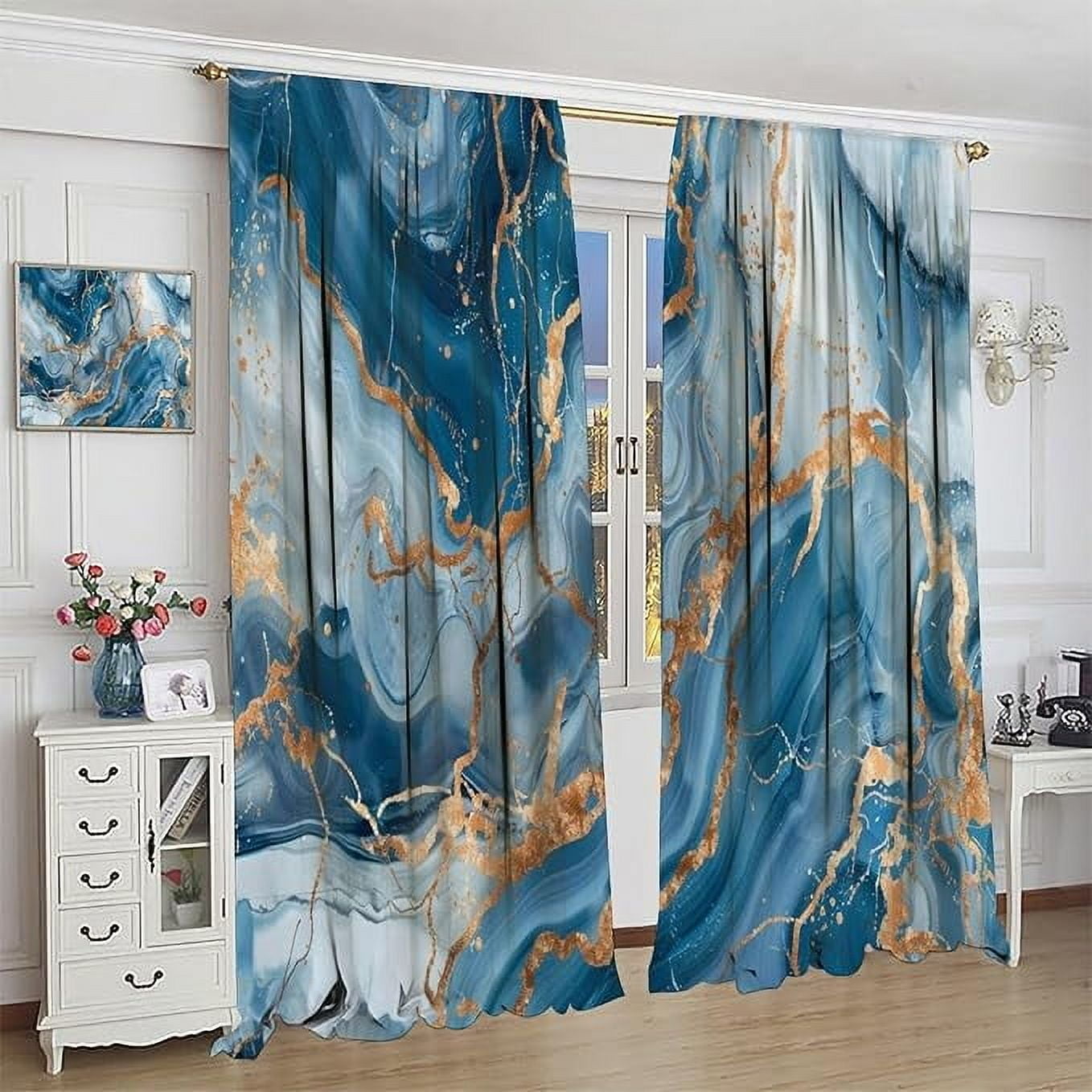 Marble Blackout Curtain, Modern Abstract Foil Stone Texture Gold Blue ...