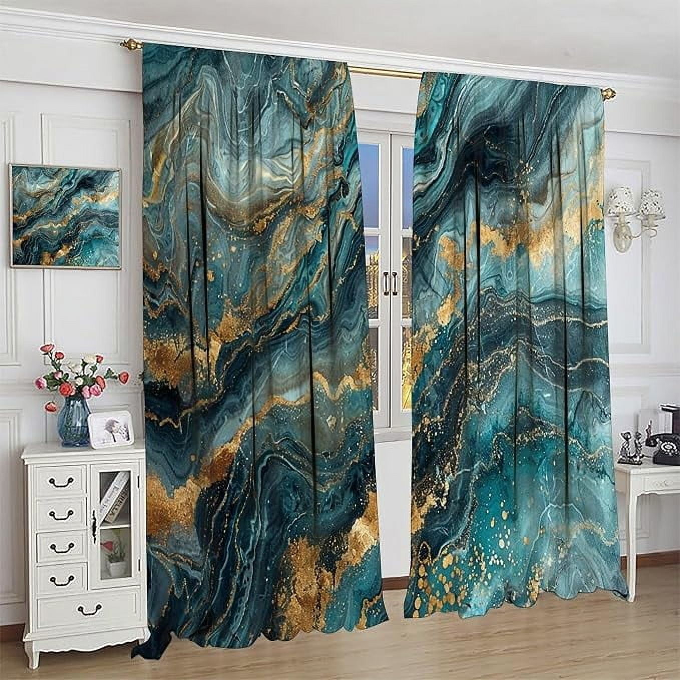 Marble Blackout Curtain, Modern Abstract Foil Stone Texture Teal Gold ...