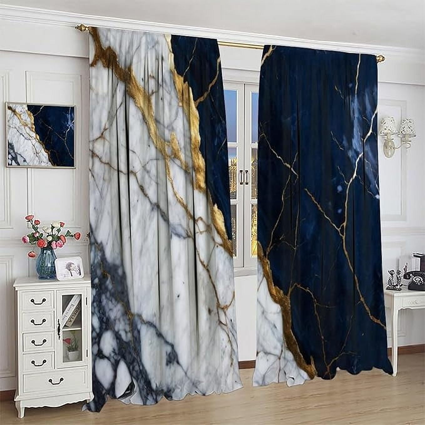 Marble Blackout Curtain, Modern Abstract Foil Texture White Navy Blue ...