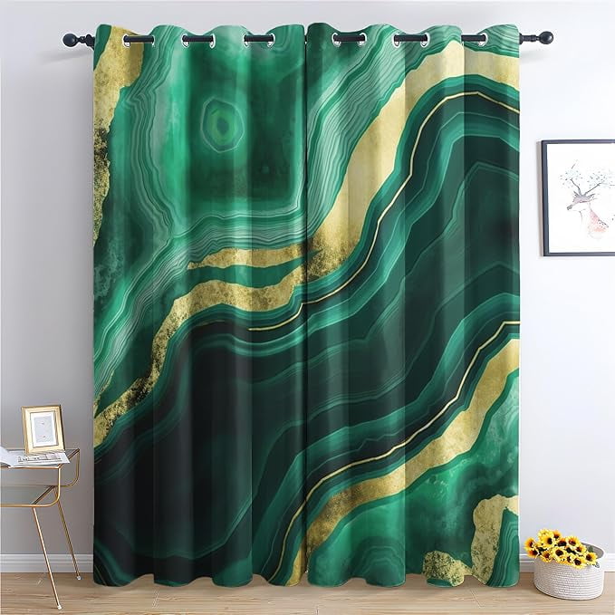 Marble Blackout Curtains For Bedroom Living Room, Emerald Green And ...