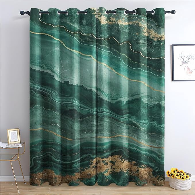 Marble Blackout Curtains For Bedroom Living Room, Emerald Green And ...