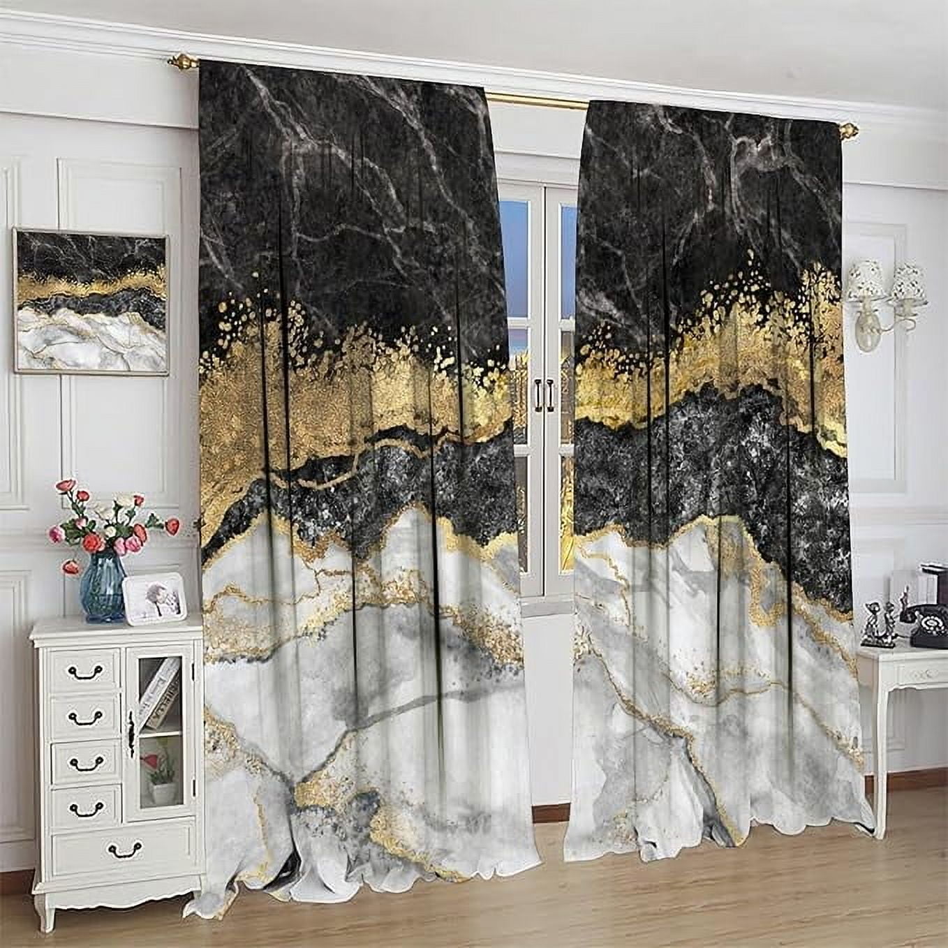 Marble Blackout Curtains For Dining Room, Modern Luxury Texture Black ...