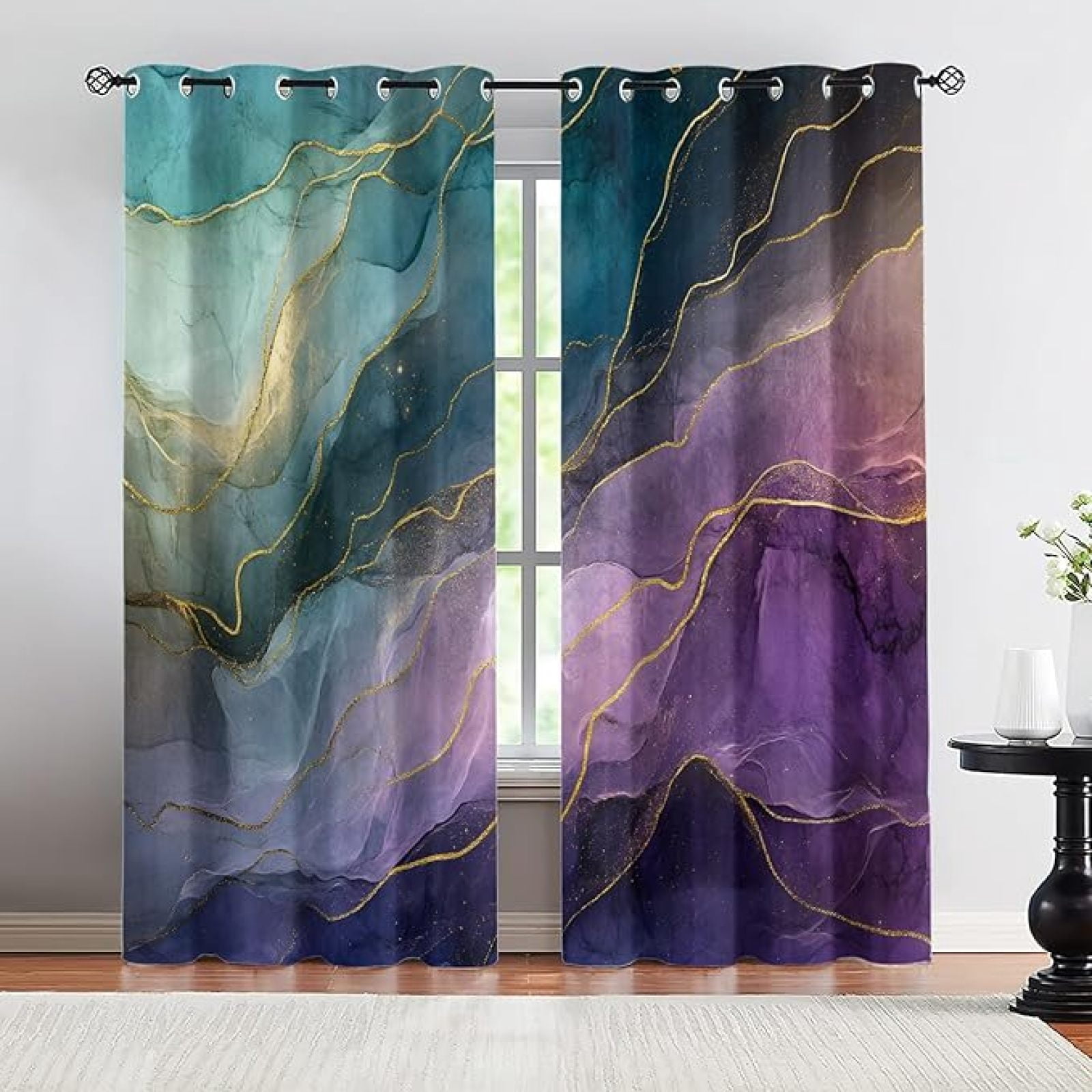 Marble Blackout Curtains For Girls Boys Home Decor, Purple Gold Marble ...