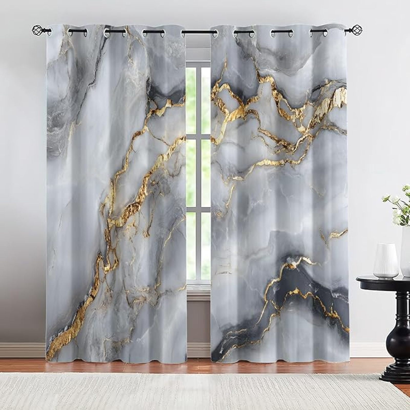 Marble Blackout Curtains For Girls Boys Home Decor, White Gold Marble ...