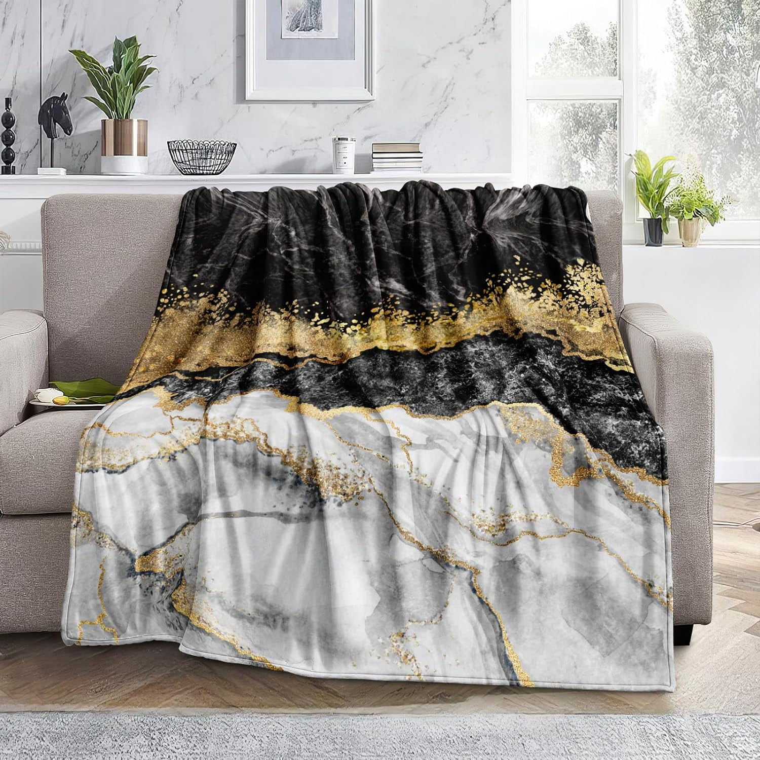 Marble Blanket Black Gold Flannel Throw Blanket for Coush Black Gold ...