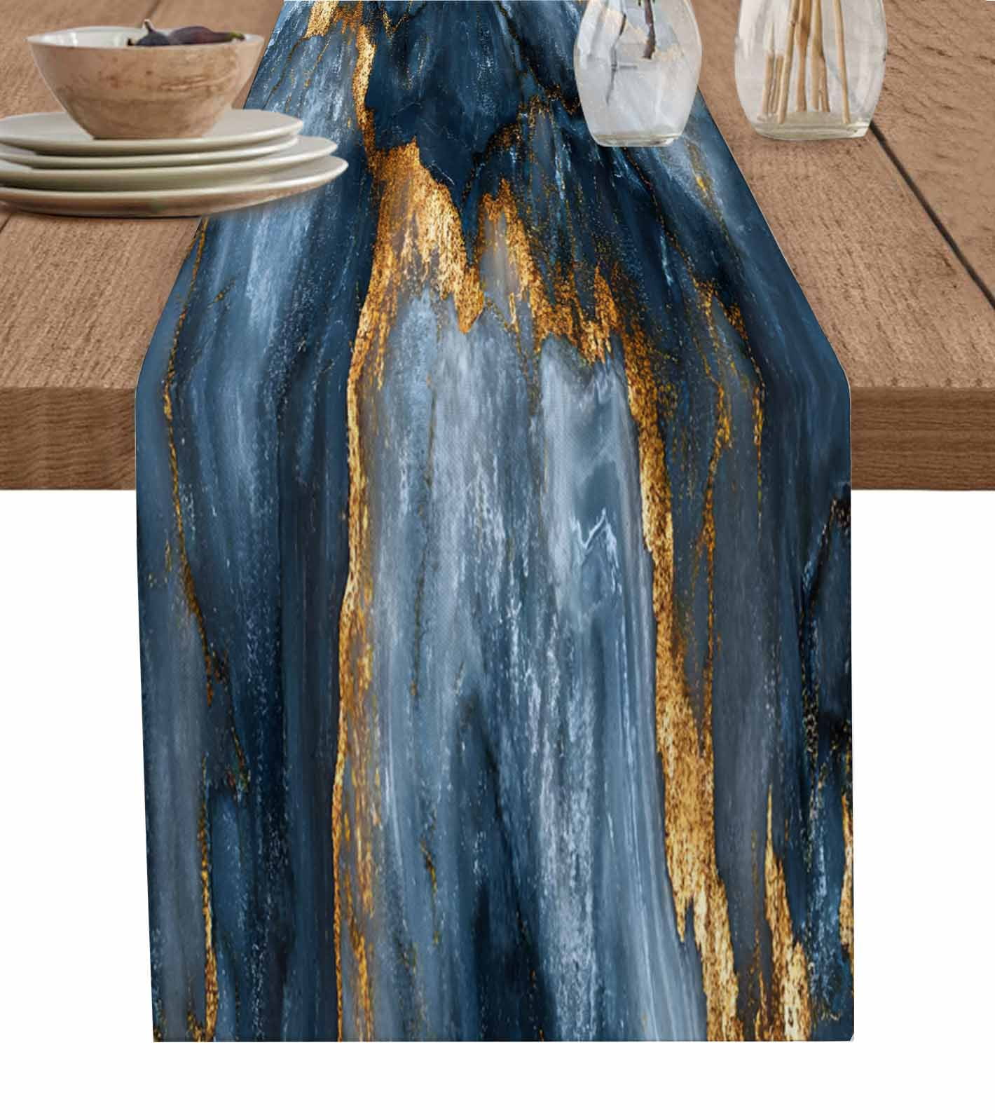 Marble Blue Gold Table Runner-Cotton Linen- 60 Inch Holiday Dresser ...