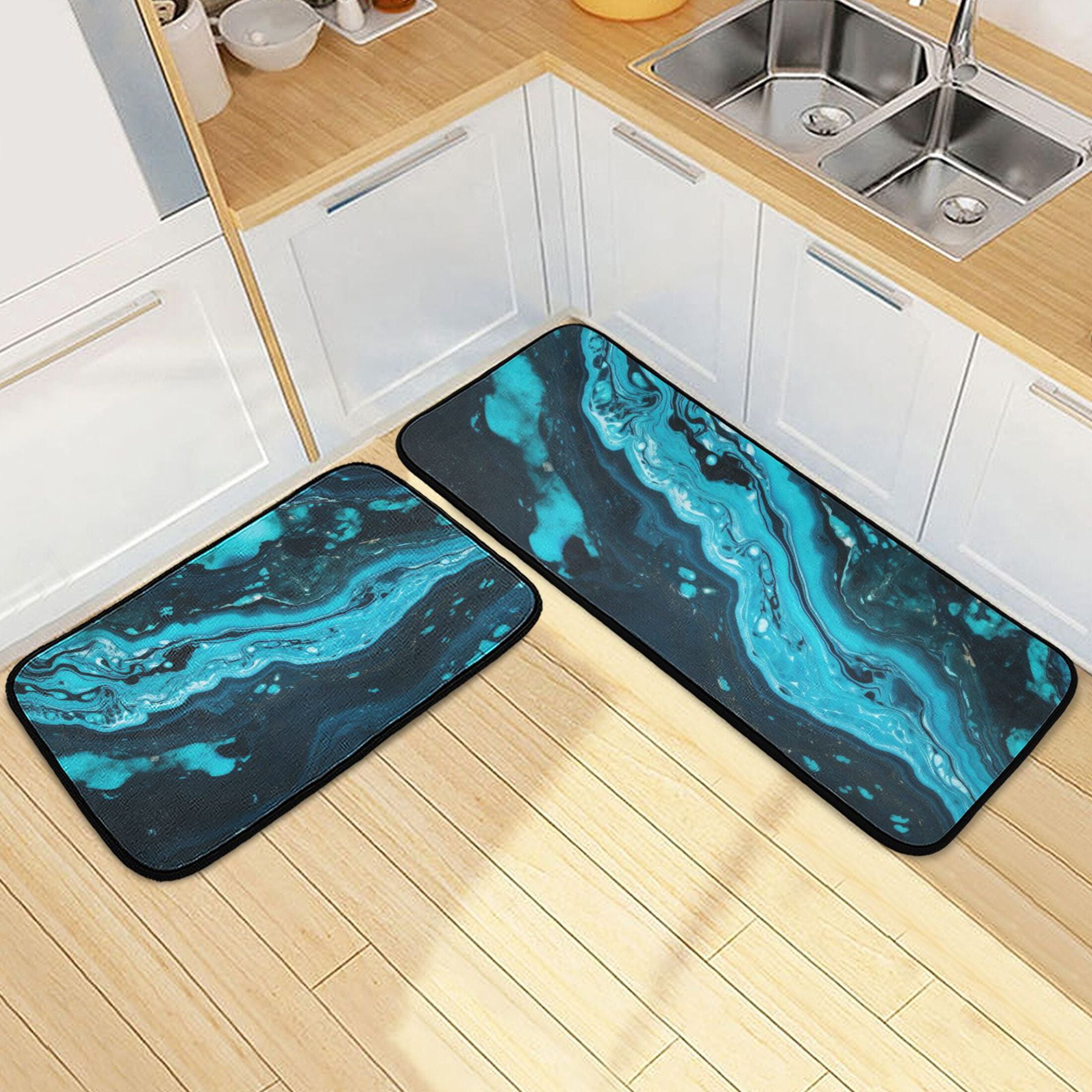 Marble Blue Kitchen Rugs Set of 2 Non Slip Floor Foam Mat Cushioned ...