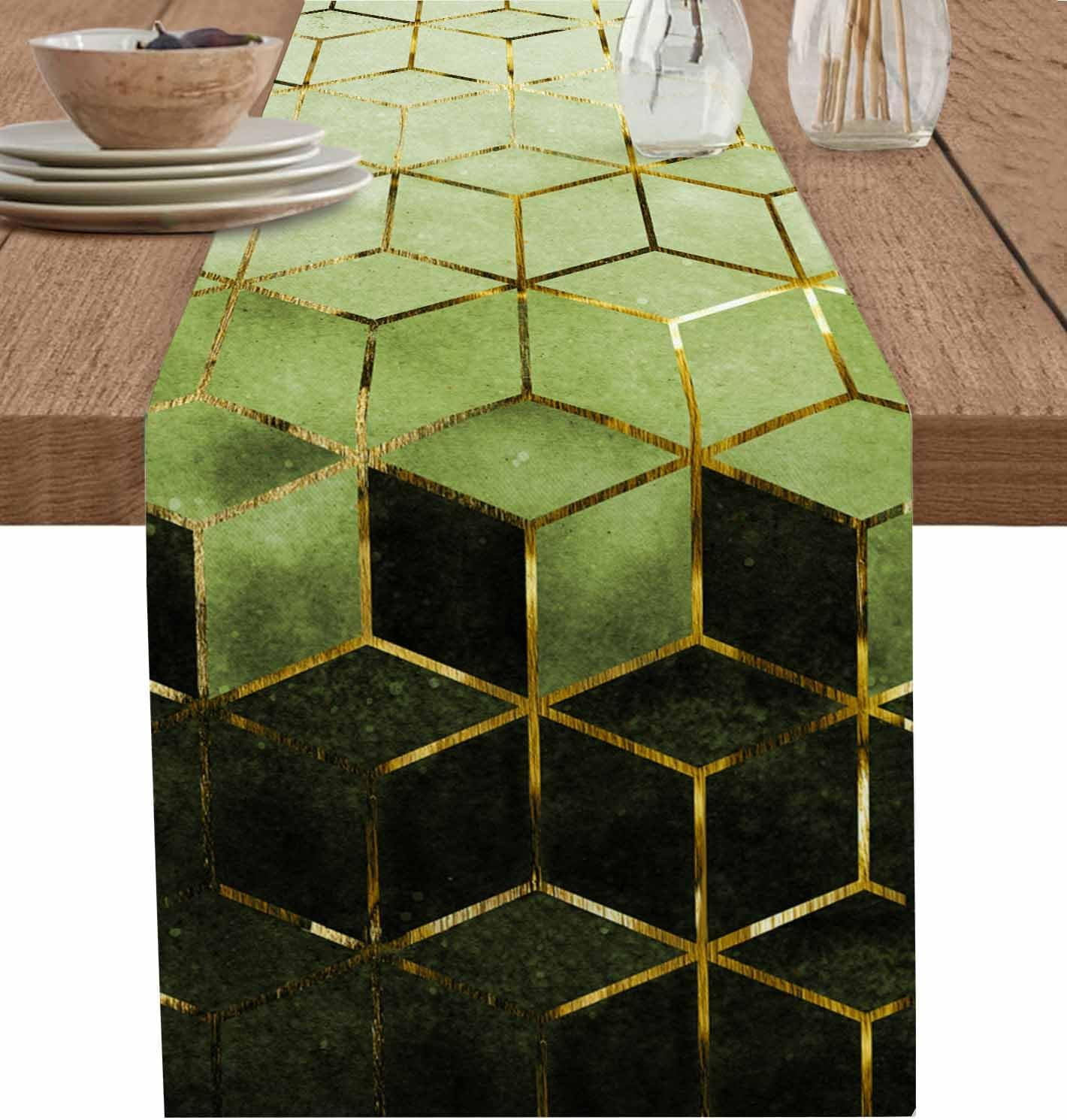 Marble Blue Linen Table Runners Modern Abstract Geometric Black Gold ...