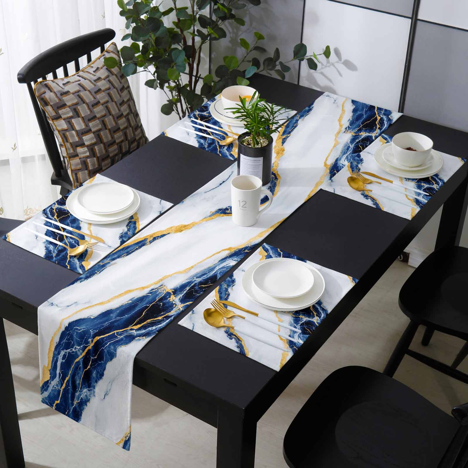 Marble Blue Placemats Set of 4 with 70 Inches Long Table Runners,Gold ...