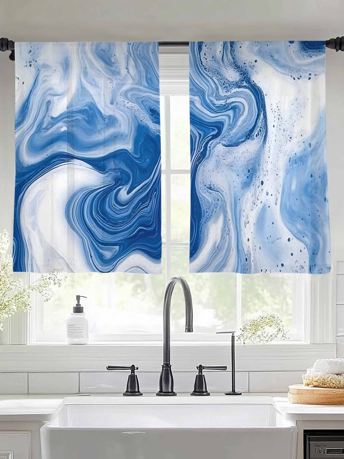 Marble Blue Sheer Curtains for Living Room Bedroom Ceramic Style Grunge ...