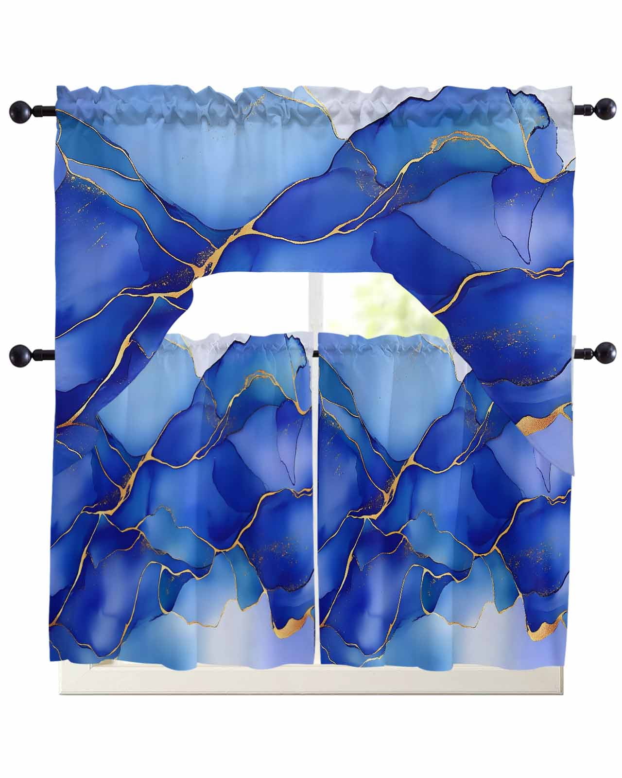 Marble Blue Swag Valance and Tier Curtains Set Liquid Gold Foil Glitter ...