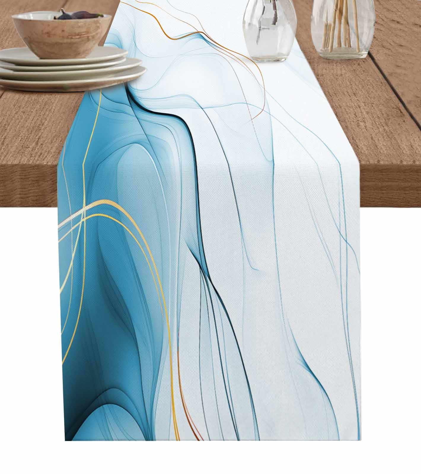 Marble Blue Table Runner 72 Inches, Gold White Modern Gradient Ocean Wavy Ripple Bed Runner ...