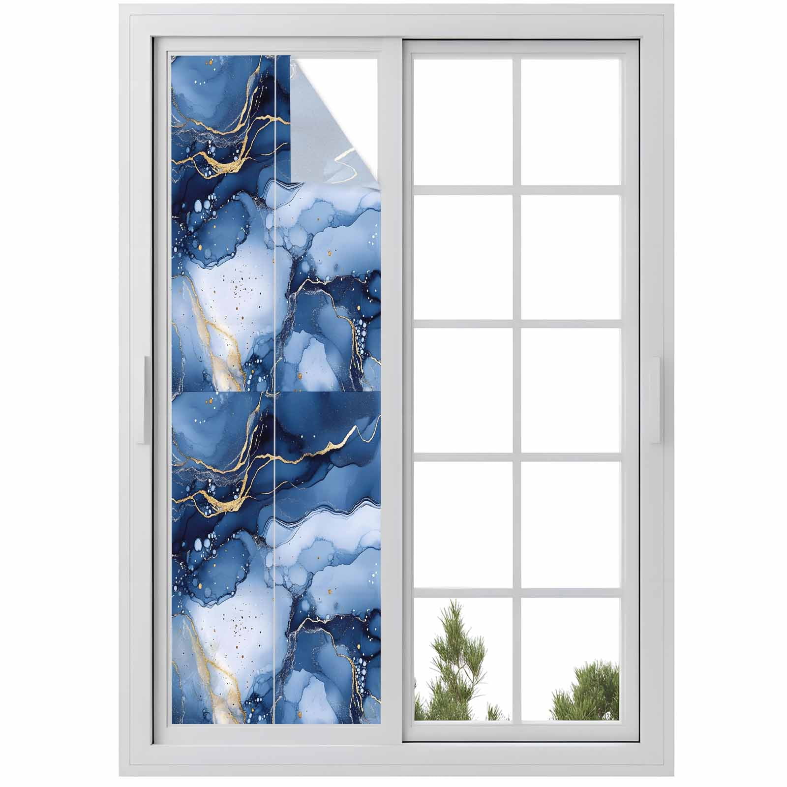 Marble Blue Window Privacy Film, Modern Gradient Gold Waves Nature ...