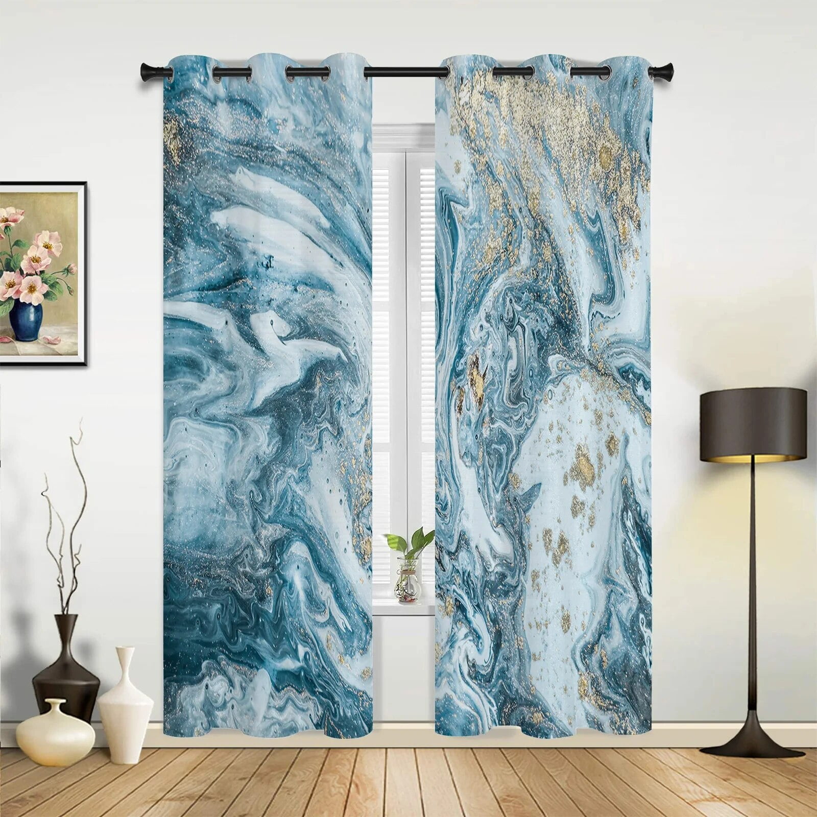 Marble Blue and Gold Abstract Modern Thick Clackouts Window Curtains ...