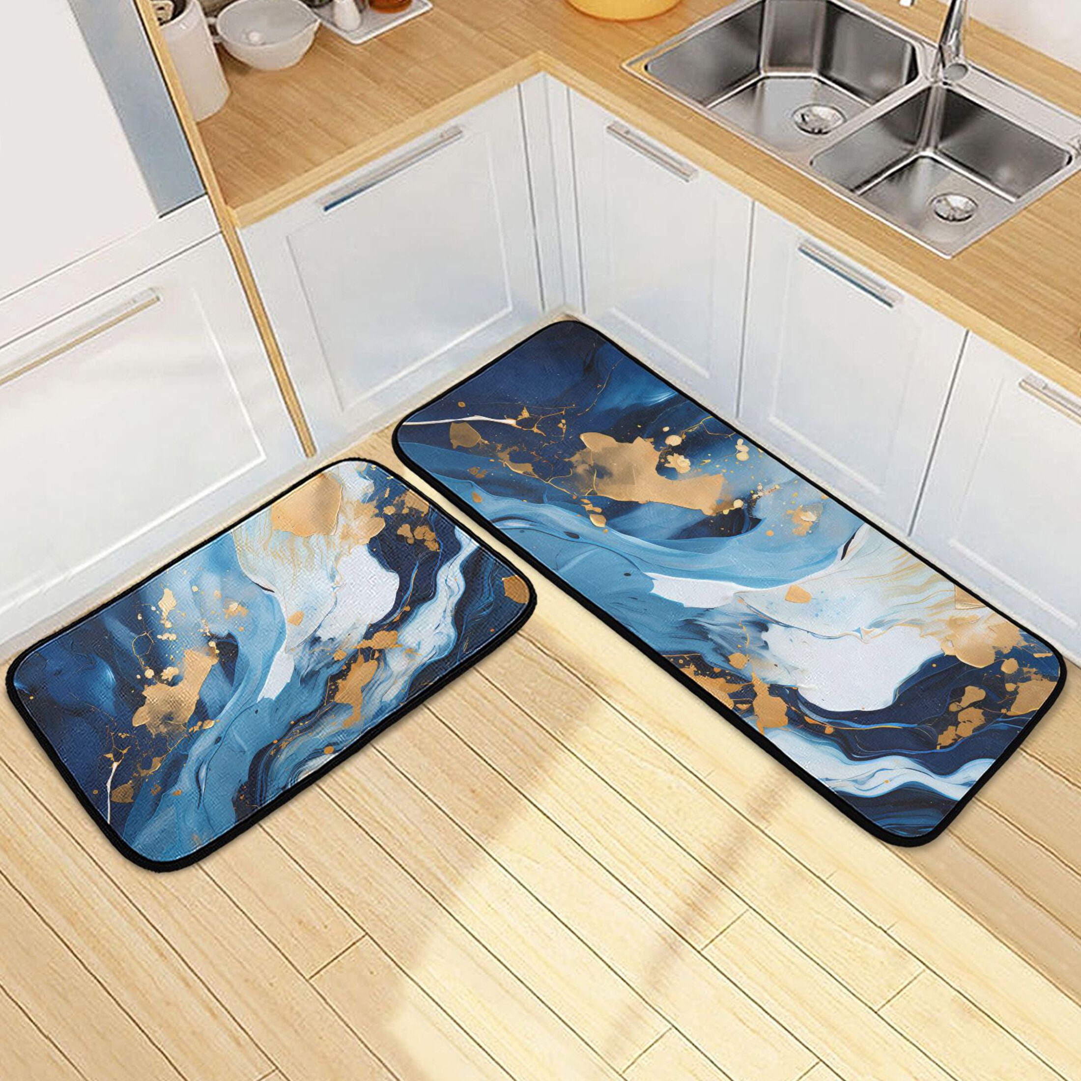 Marble Blue and Gold Kitchen Rugs Set of 2 Non Slip Floor Foam Mat ...