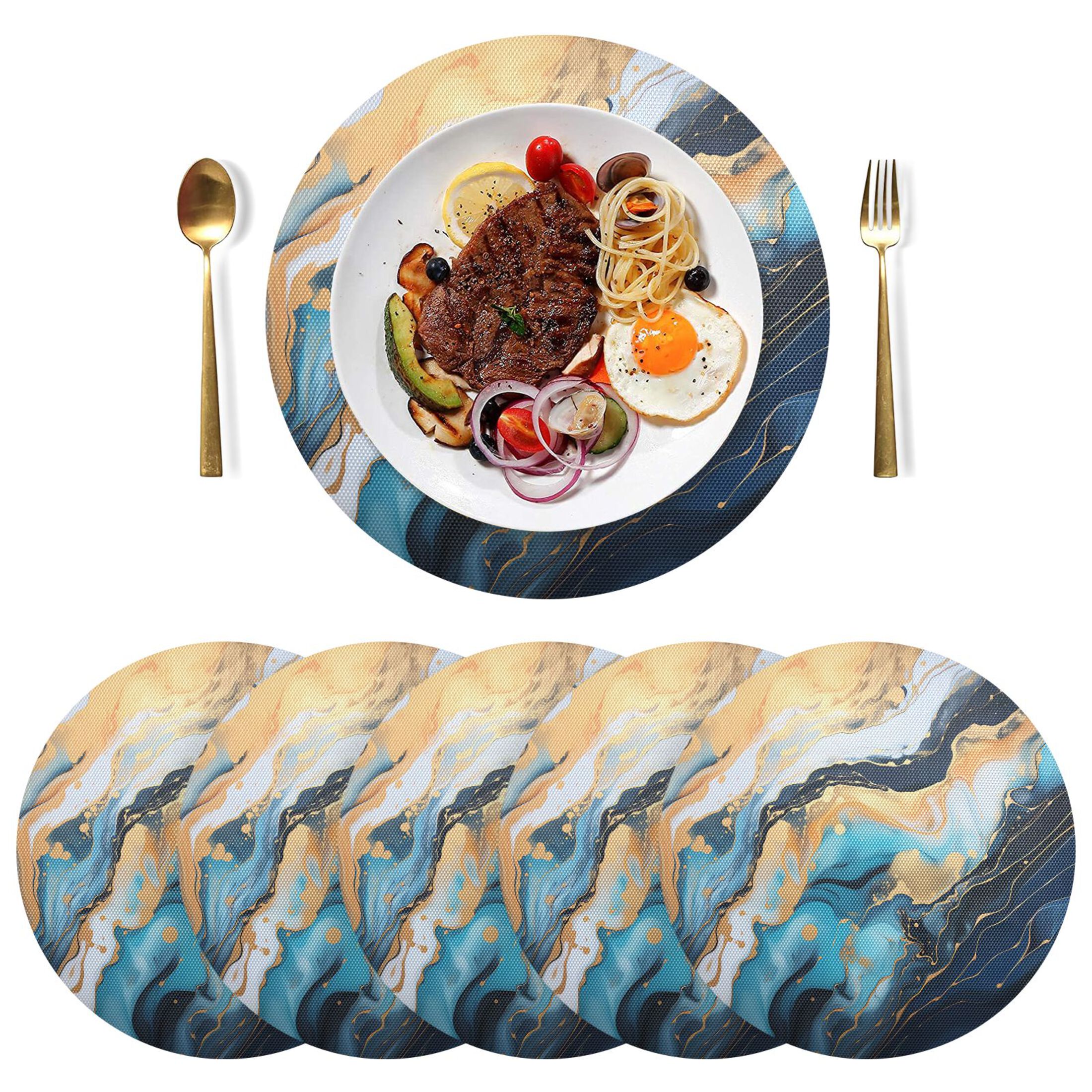 Marble Blue and Golden Round Plate Mats Non-Slip Place Mat Washable PVC ...