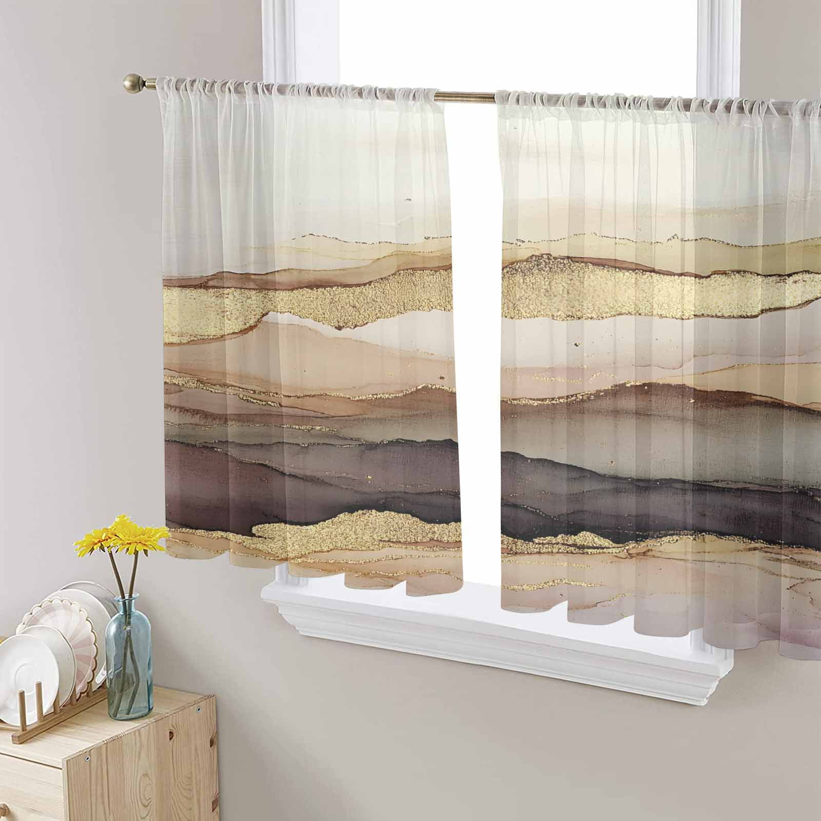 Marble Brown Gold Sheer Curtains 54 Inch Length 2 Panels Set for Living ...
