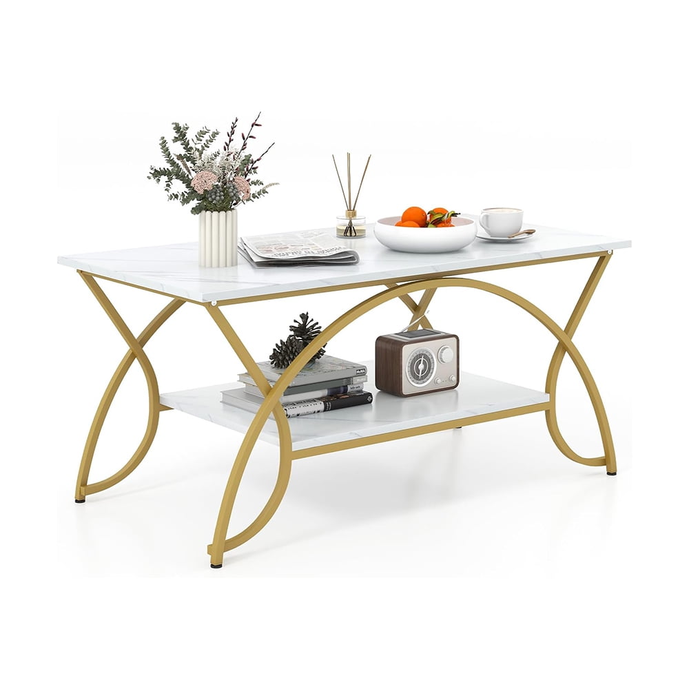 Marble Coffee Table, 2-Tier Modern Marble Accent Table with Storage ...