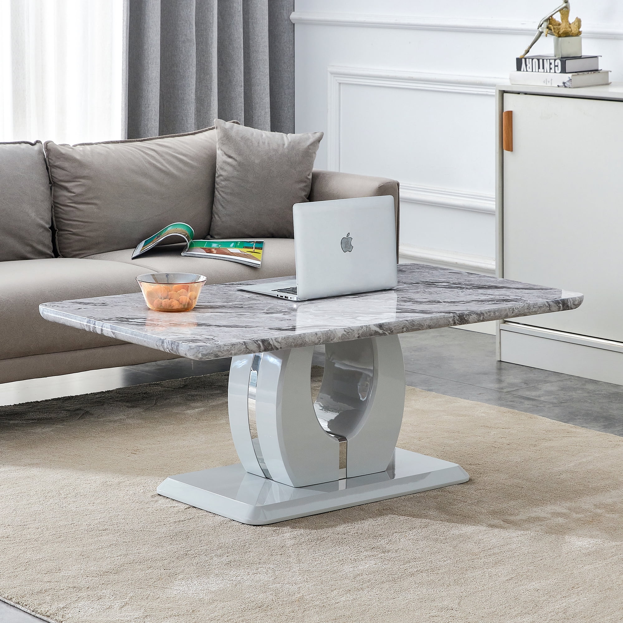 Gray Marble Oval Coffee Table with Black 3-Rod Metal Legs,Faux Marble ...