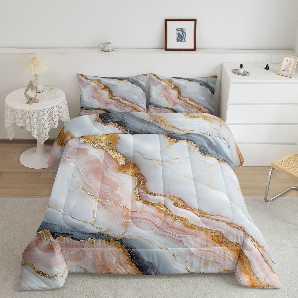 Marble Comforter Set Golden Metallic Printed Twin Bedding Set,Pink ...