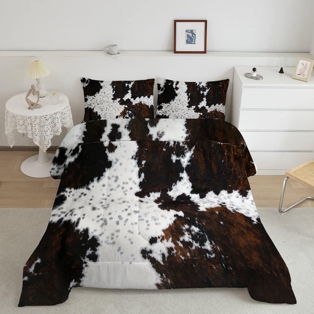 Brown Rustic Cowhide Comforter Set Full 3 Pieces Black White Cow Skin Print Western Farmhouse ...