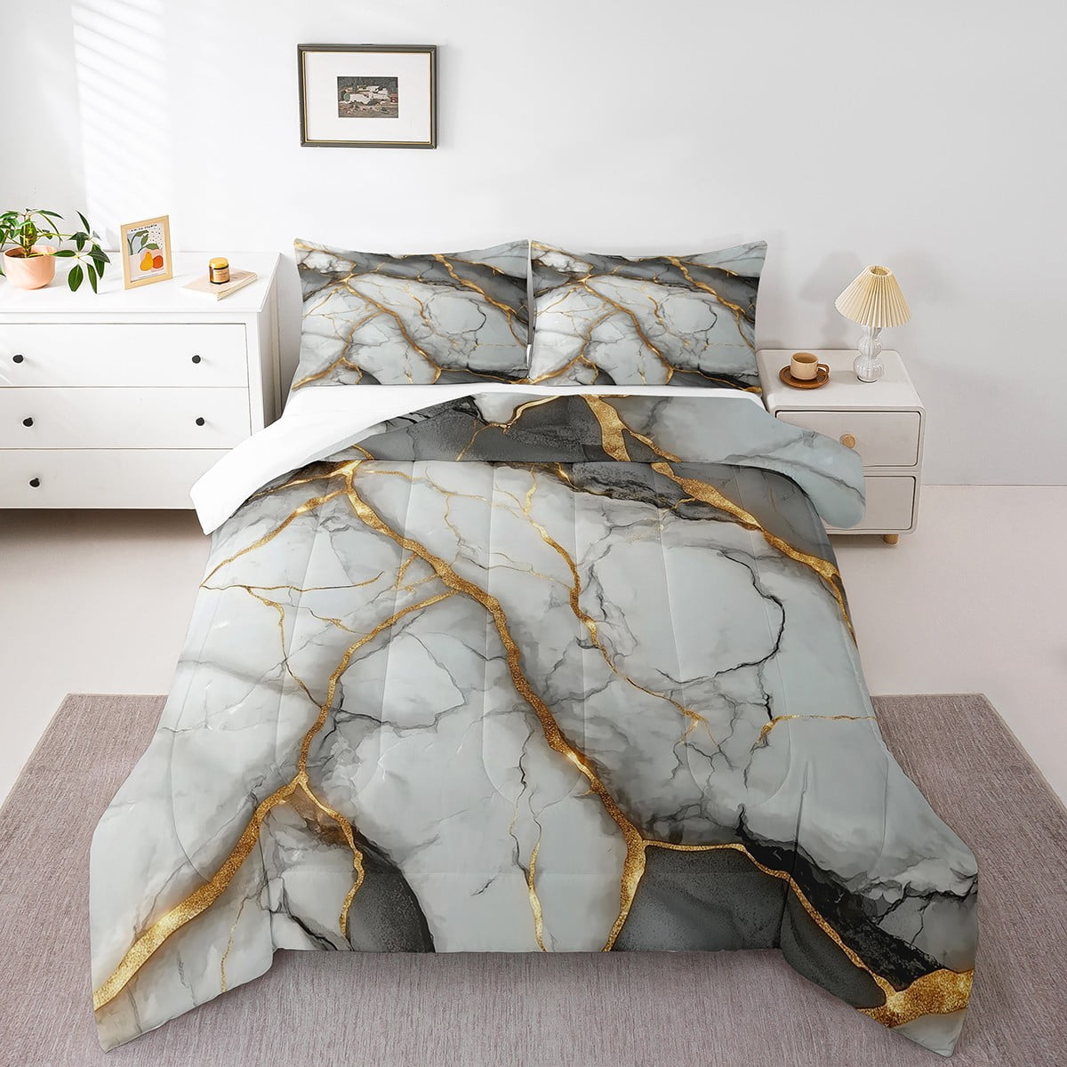 Marble Comforter Sets Golden Metallic Queen Bedding Set,Stone Pattern ...
