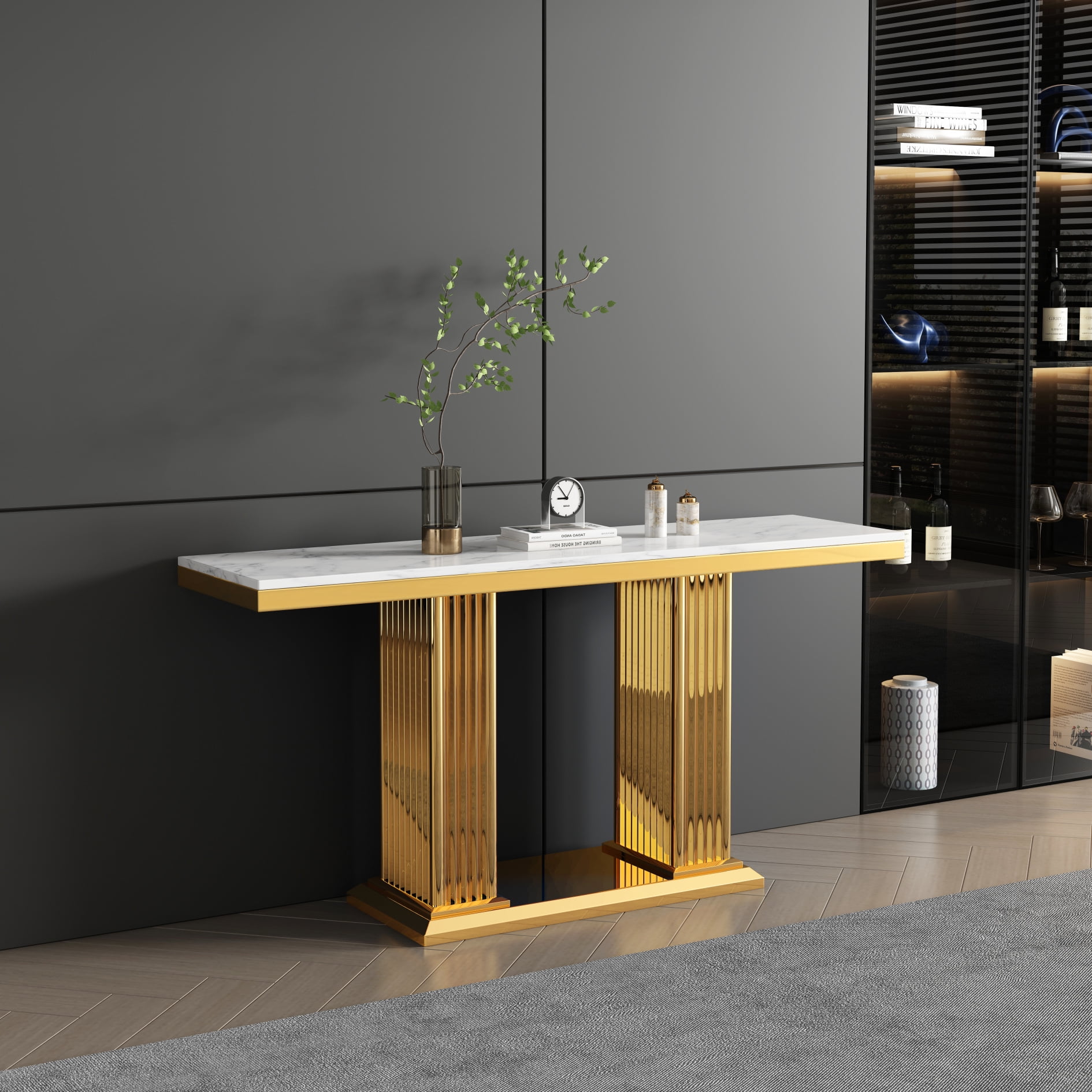 Marble Console Table with Double Pedestal Pillar Gold Finish Stainless ...
